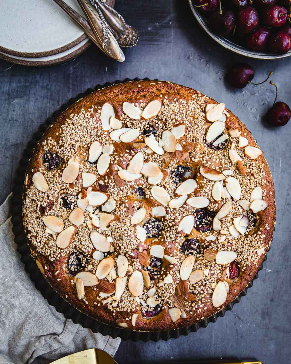Fresh Cherry Almond Cake with Sesame and Tahini - Cosette's Kitchen